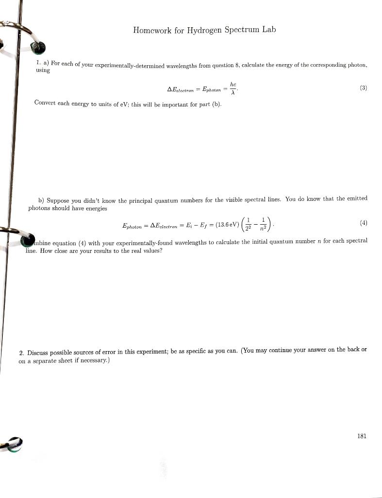 Homework for Hydrogen Spectrum Lab 1. a) For each of | Chegg.com