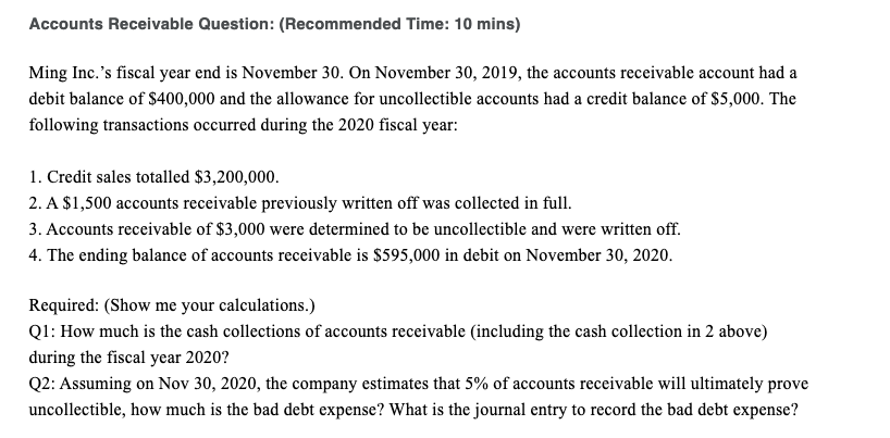 Solved Accounts Receivable Question: (Recommended Time: 10 | Chegg.com