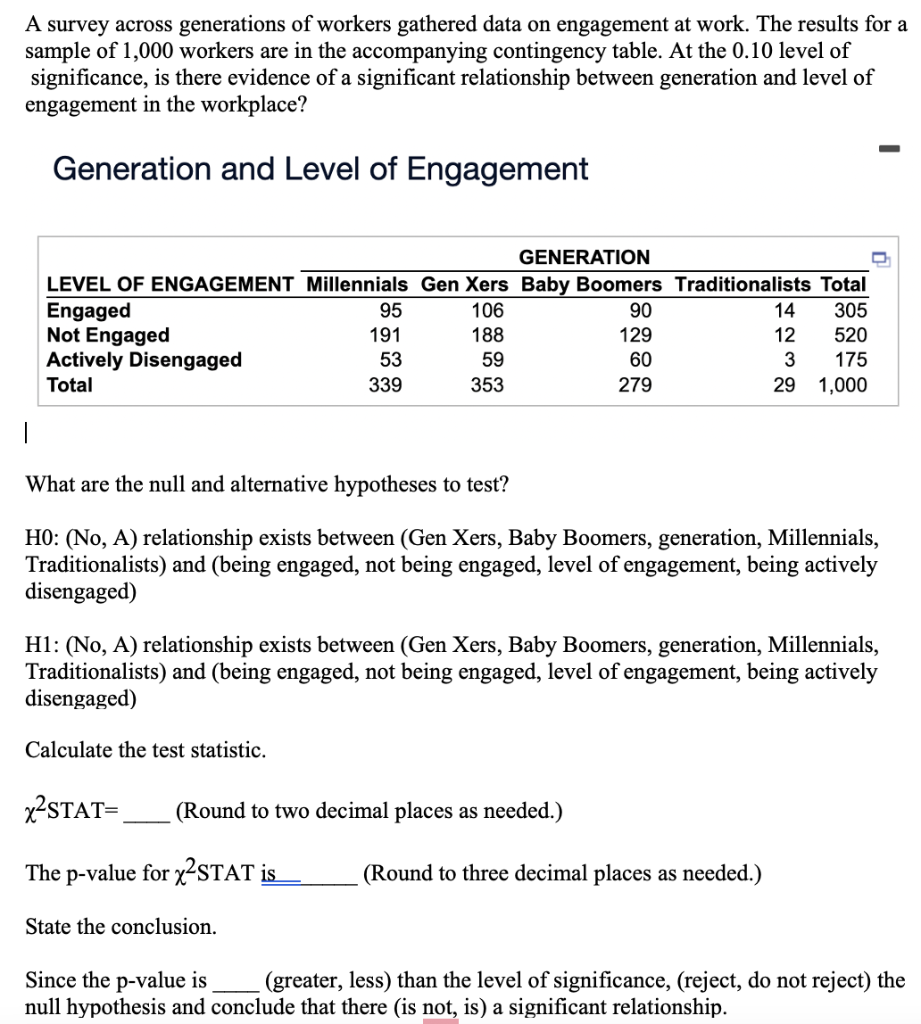 Solved A survey across generations of workers gathered data | Chegg.com