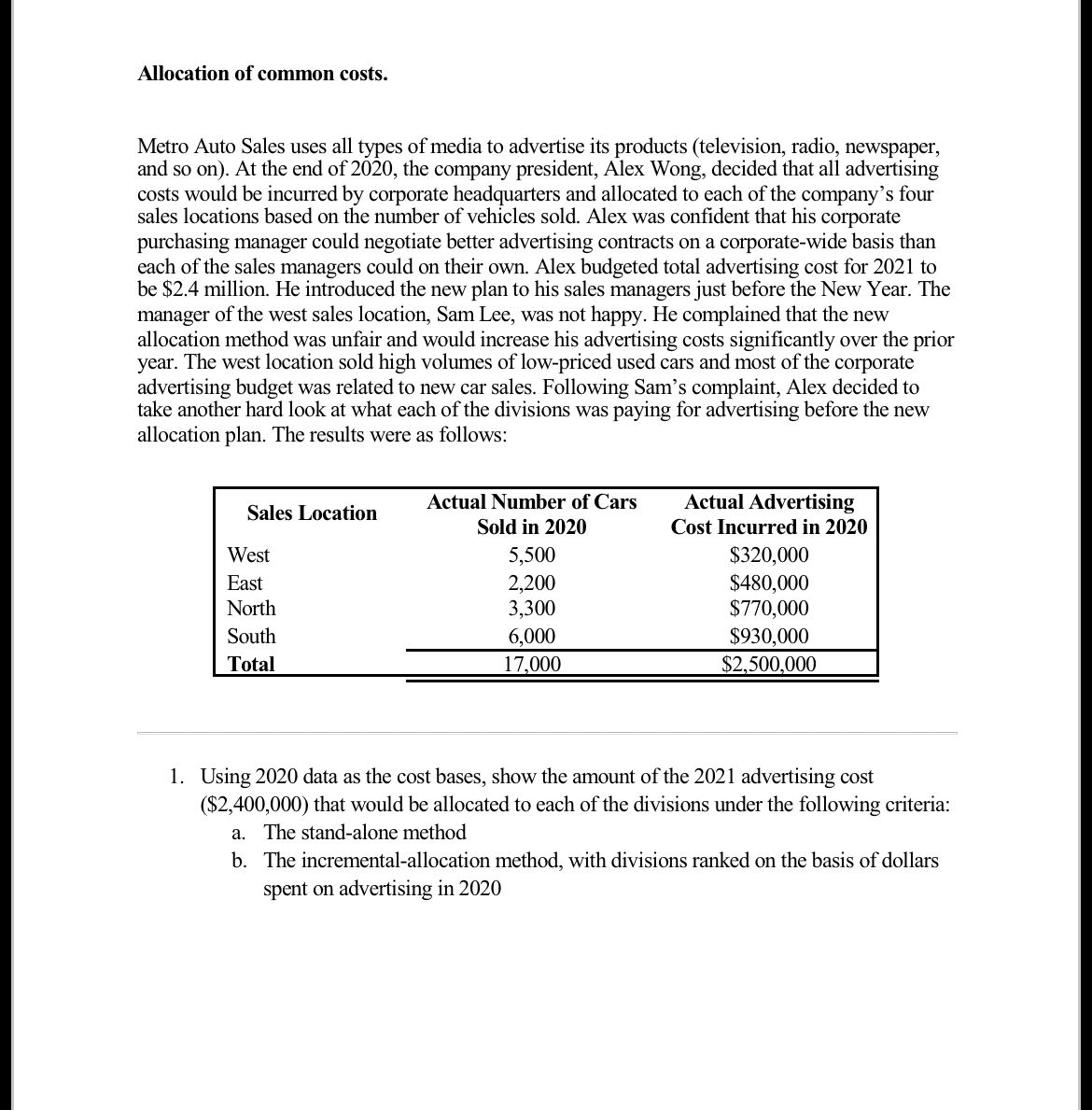 Solved Allocation of common costs. Metro Auto Sales uses all | Chegg.com