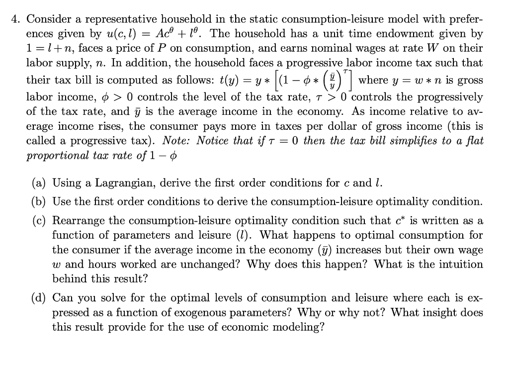 Solved 4. Consider a representative household in the static | Chegg.com