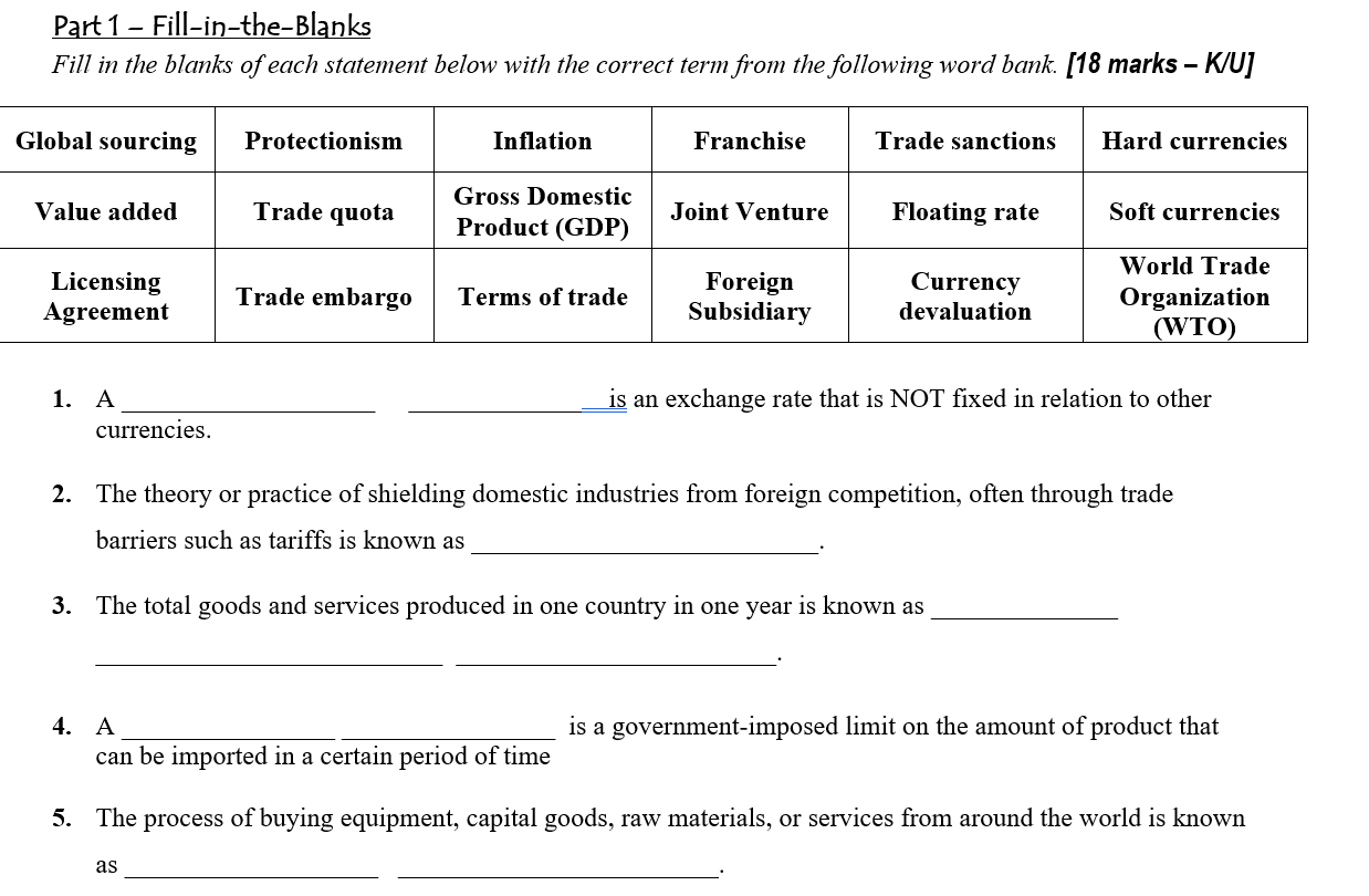 Solved Part 1 - Fill-in-the-Blanks Fill in the blanks of | Chegg.com