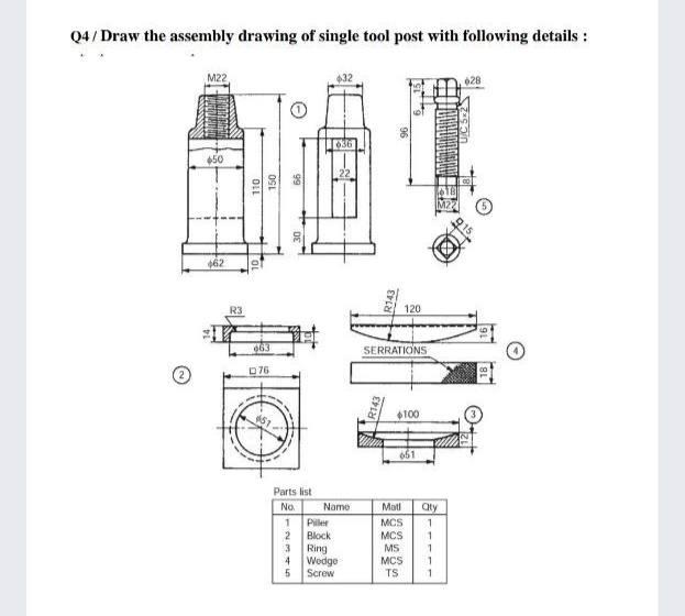 Solved Q4/ Draw the assembly drawing of single tool post | Chegg.com