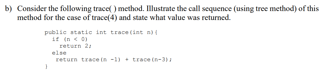 Solved b) Consider the following trace() method. Illustrate | Chegg.com