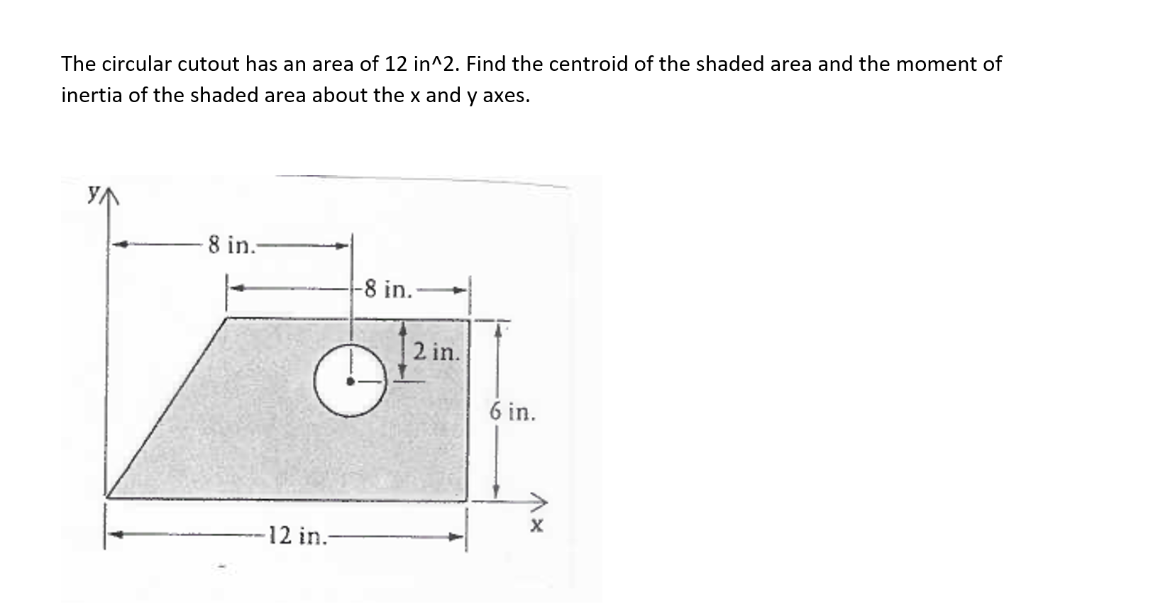 Solved The circular cutout has an area of 12 in^2. Find the | Chegg.com