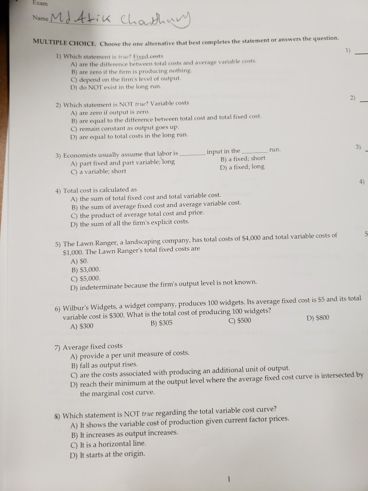 Solved Exam Name M MULTIPLE CHOICE. Choose the one | Chegg.com