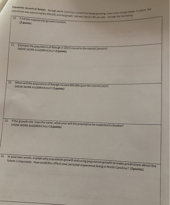 Solved Population Growth of Raleigh, Raleigh, North | Chegg.com