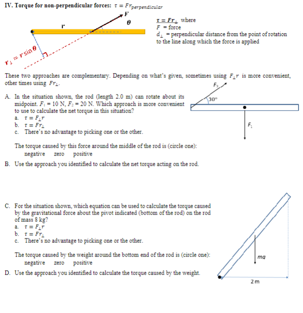Solved IV. Torque for non-perpendicular forces: | Chegg.com