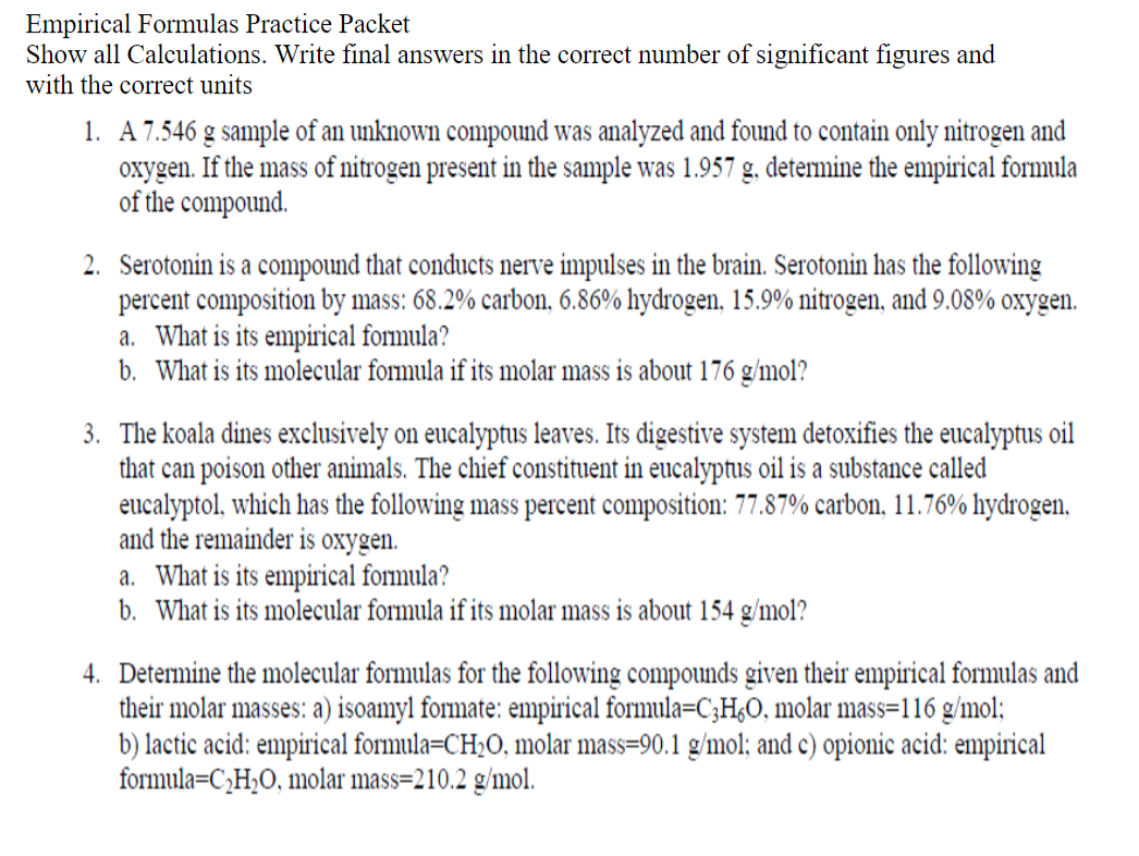 Solved Empirical Formulas Practice Packet Show all | Chegg.com