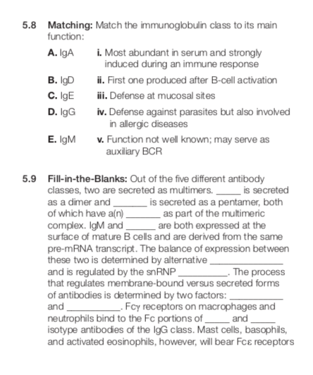 Solved 5.8 Matching: Match the immunoglobulin class to its | Chegg.com