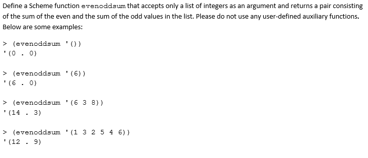 Solved Define a Scheme function evenoddsum that accepts only | Chegg.com