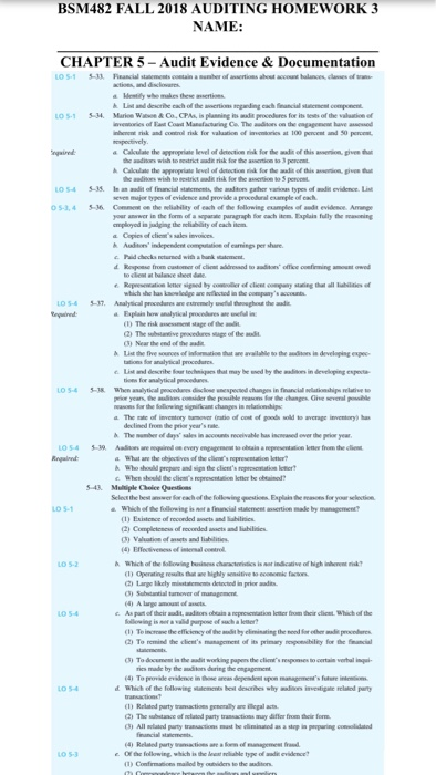 BSM482 FALL 2018 AUDITING HOMEWORK 3 NAME: CHAPTER | Chegg.com