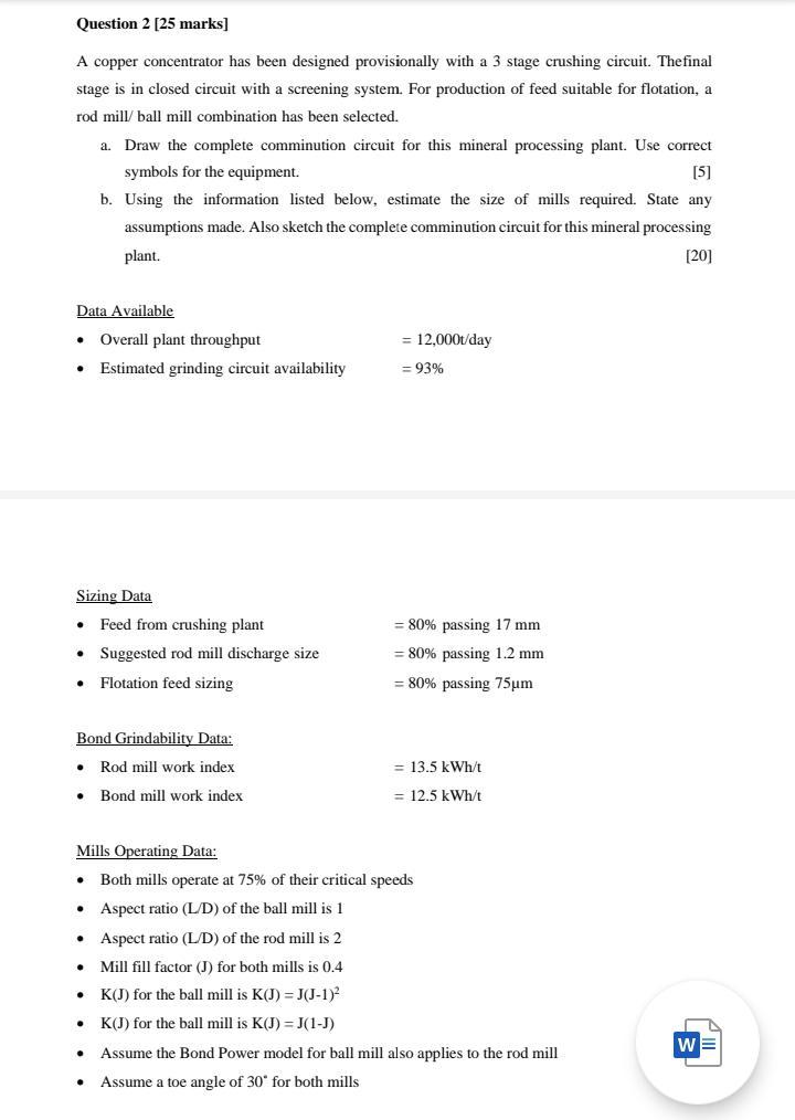 Question 2 [25 marks] A copper concentrator has been | Chegg.com