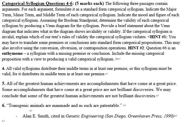 Categorical Syllogism Questions 4-6: (5 marks each) | Chegg.com