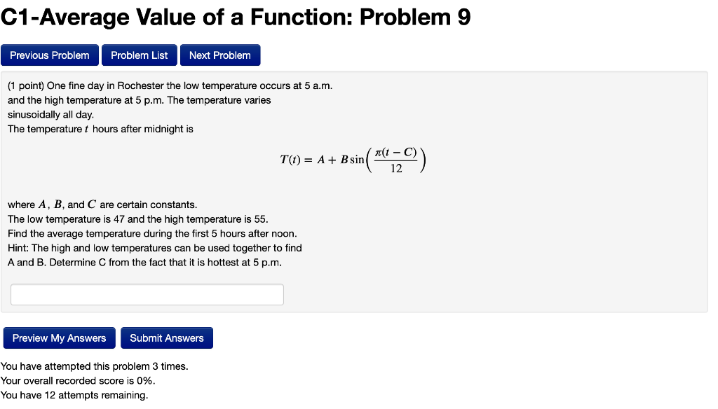 Solved C1-Average Value of a Function: Problem 9 Previous | Chegg.com