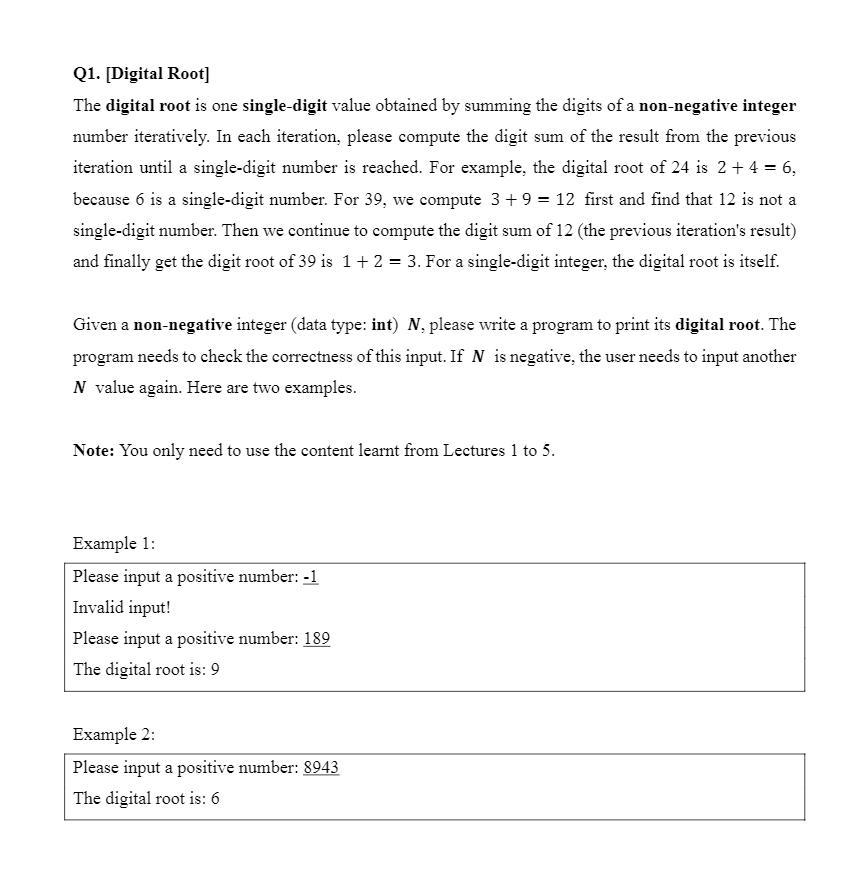 Solved Q1. [Digital Root] The digital root is one | Chegg.com
