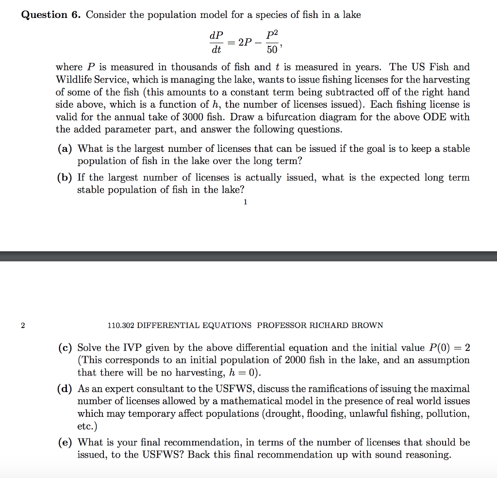 Solved Question 6. Consider the population model for a | Chegg.com