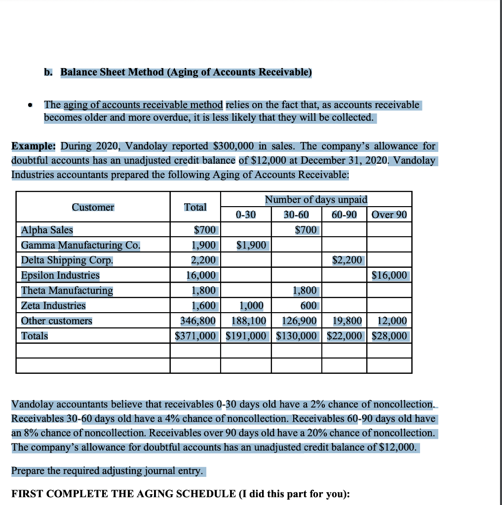 Solved b. Balance Sheet Method (Aging of Accounts | Chegg.com