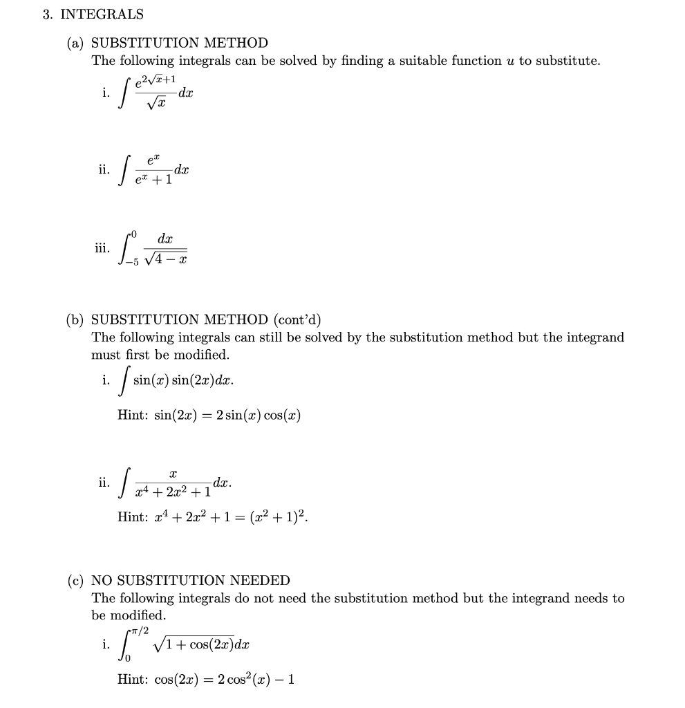 Solved 3. INTEGRALS (a) SUBSTITUTION METHOD The following | Chegg.com
