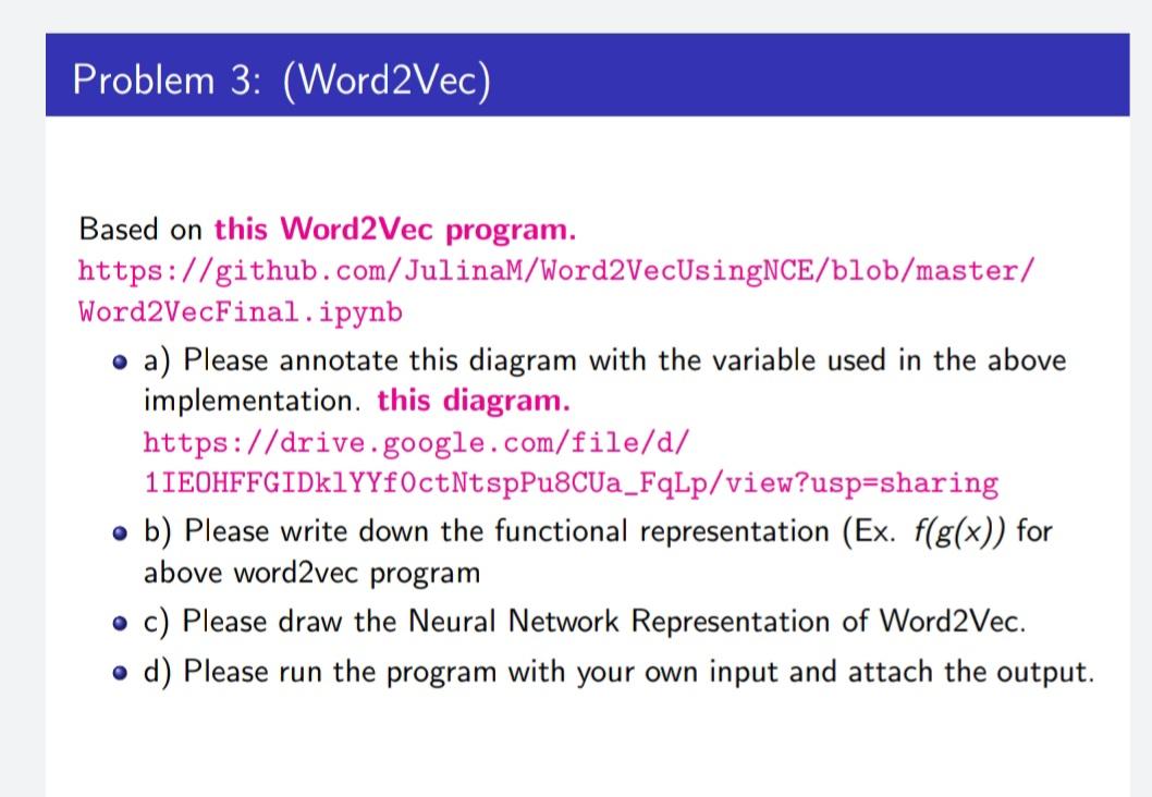 Problem 3: (Word2Vec) Based on this Word2Vec program. | Chegg.com