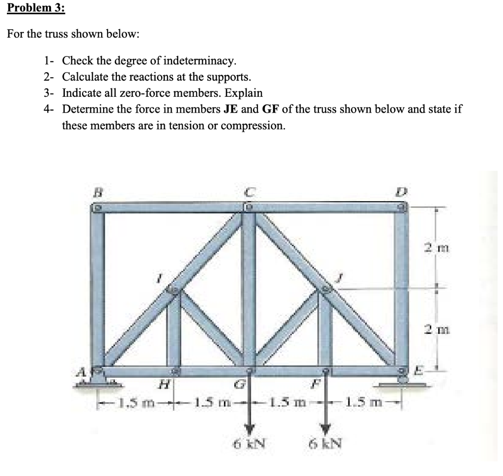 Solved Problem 3: For the truss shown below: 1- Check the | Chegg.com