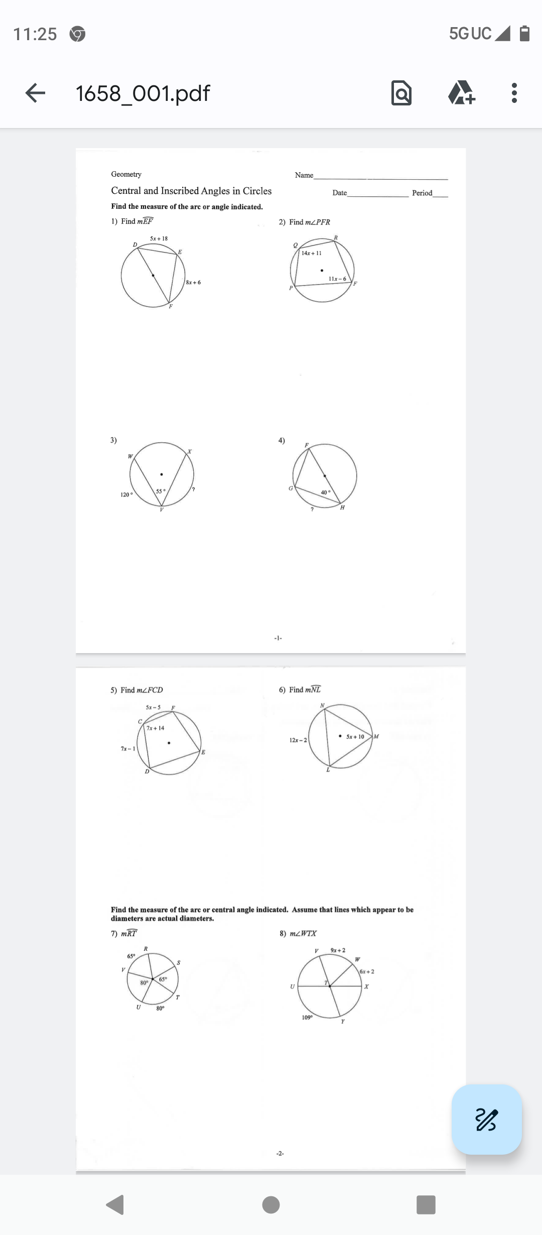 Solved Geometry Name Central and Inscribed Angles in Circles | Chegg.com