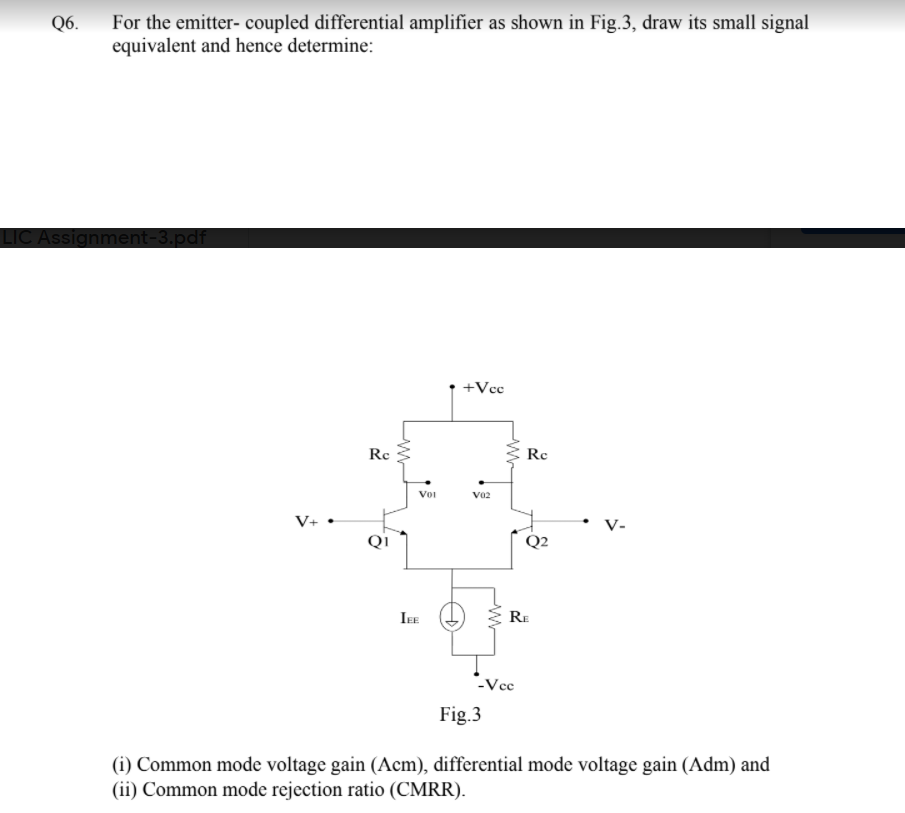 Solved Q6. For the emitter- coupled differential amplifier | Chegg.com