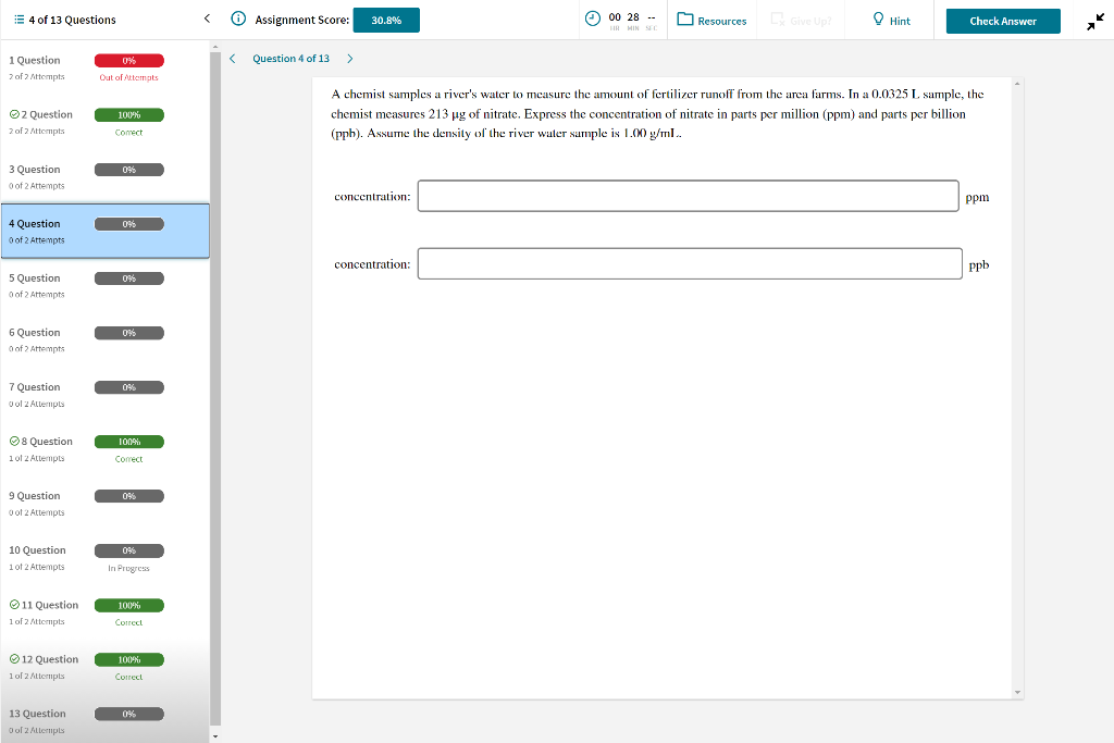 Solved 4 of 13 Questions Assignment Score: : 30.8% 00 28 - | Chegg.com