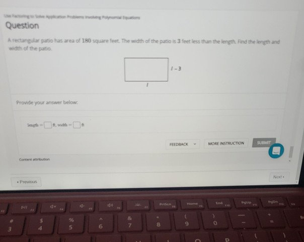 Solved Question A rectangular patio has area of 180 square | Chegg.com