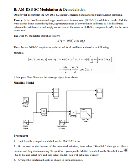 B: AM-DSB-SC Modulation & Demodulation Objectives: To | Chegg.com