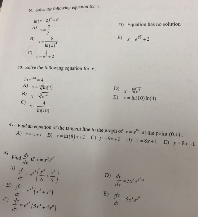 Solved 39. Solve the following equation for r. In(r-2)6 A) 7 | Chegg.com