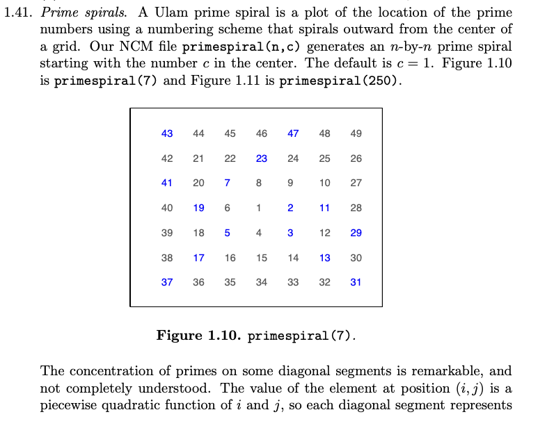 1.41. Prime spirals. A Ulam prime spiral is a plot of | Chegg.com