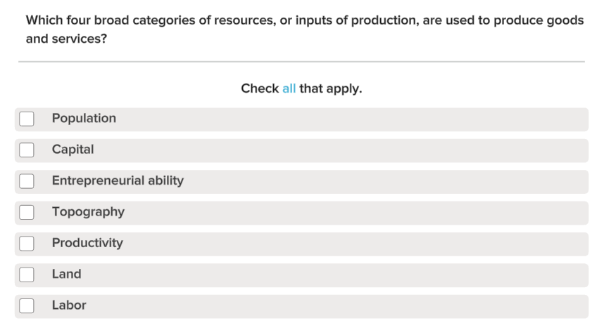Solved Which four broad categories of resources, or inputs | Chegg.com