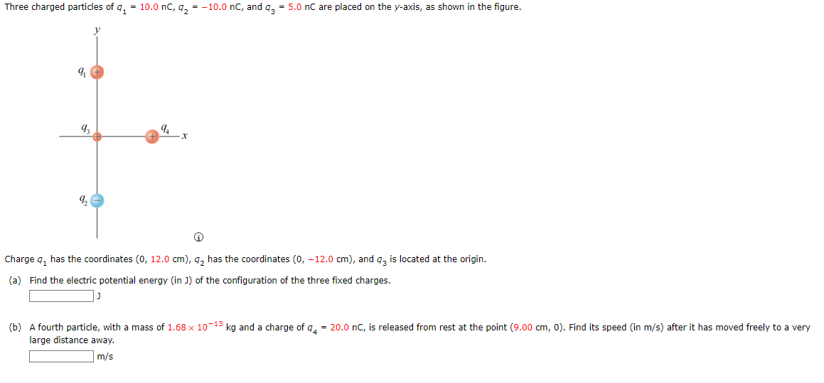 Solved Three charged particles of q1=10.0nC1q2=−10.0nC, and | Chegg.com