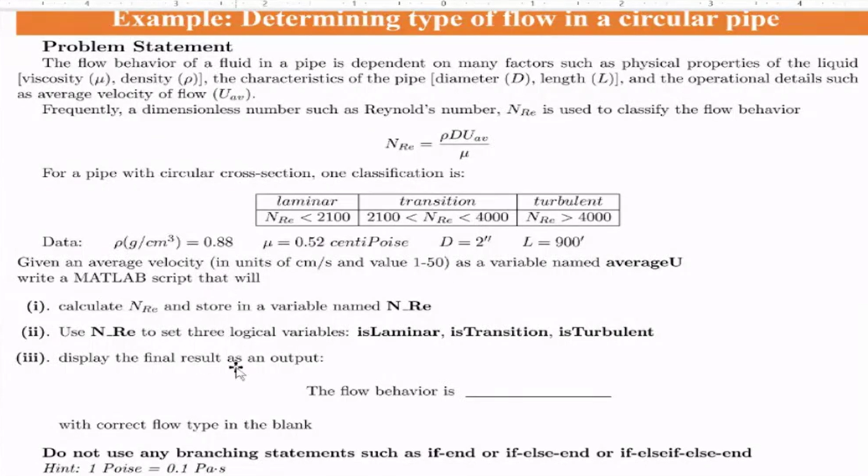 Example: Determining type of flow in a circular pipe | Chegg.com