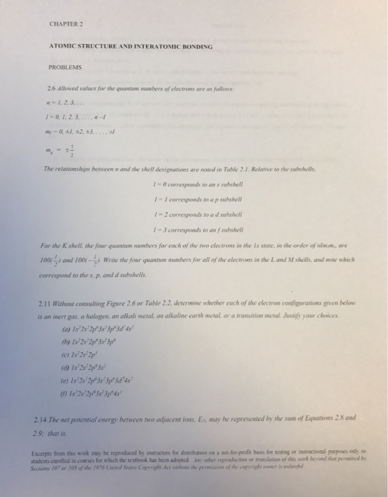 Solved CHAPTER 2 ATOMIC STRUCTURE AND INTERATOMIC BONDING | Chegg.com