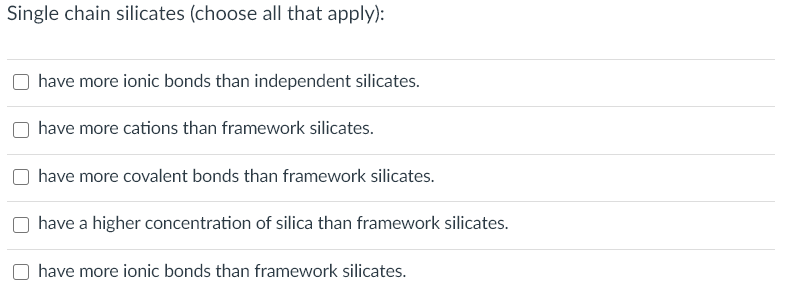Solved Single chain silicates (choose all that apply): have | Chegg.com