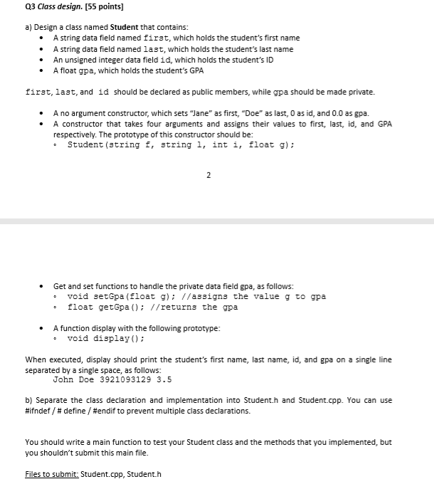 Solved Q3 Class design. [55 points] a) Design a class named | Chegg.com