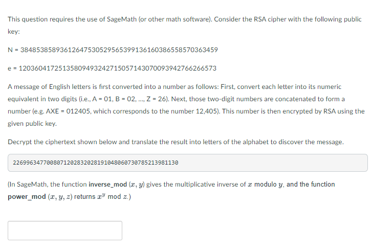 Solved This question requires the use of SageMath (or other | Chegg.com