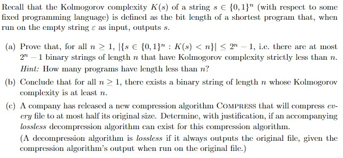 Recall that the Kolmogorov complexity K(s) of a | Chegg.com