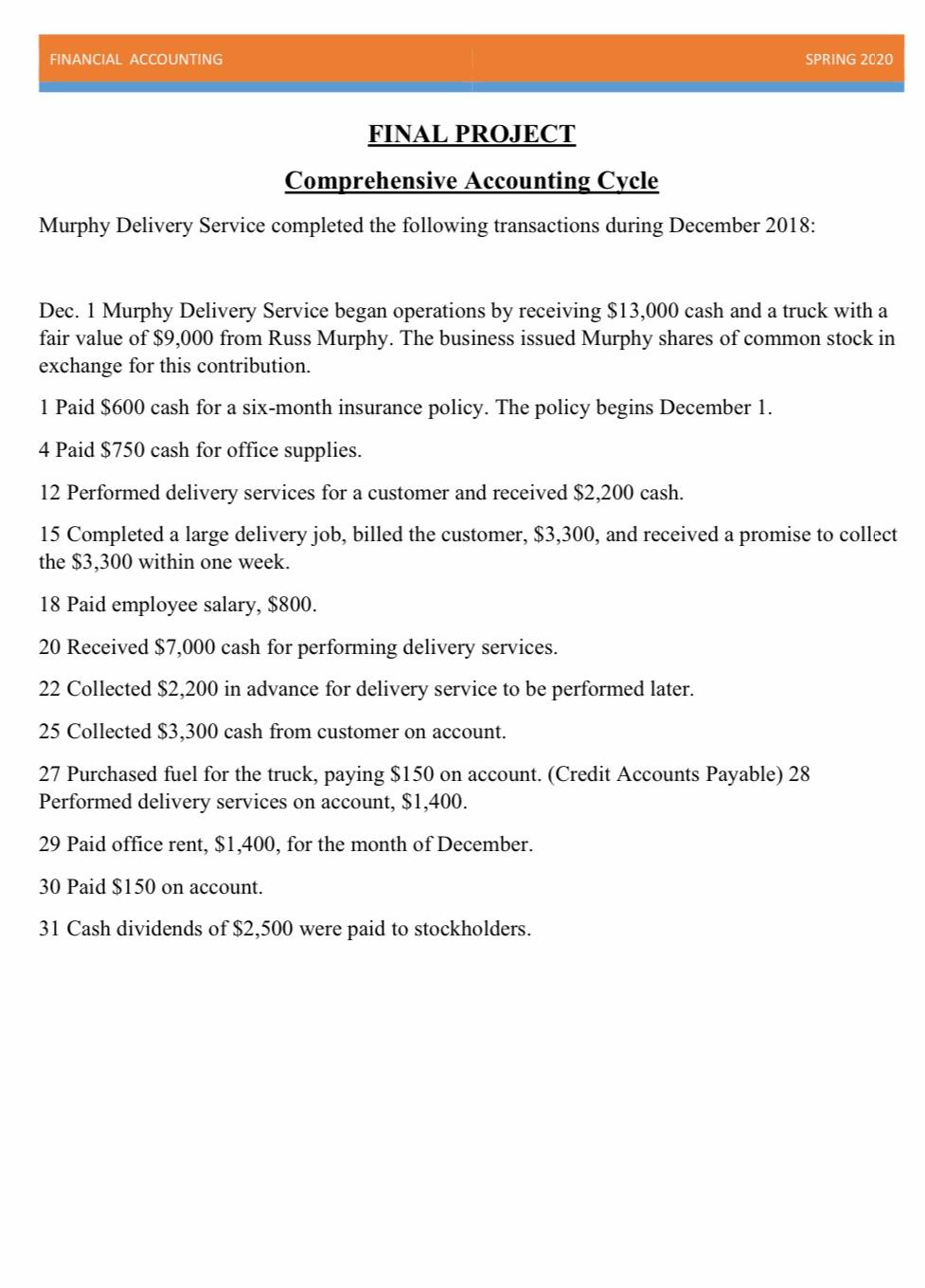 Solved FINANCIAL ACCOUNTING SPRING 2020 FINAL PROJECT | Chegg.com