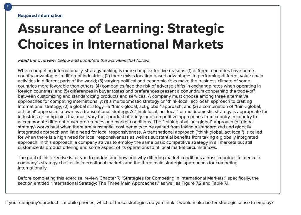 Solved Assurance of Learning: Strategic Choices in | Chegg.com