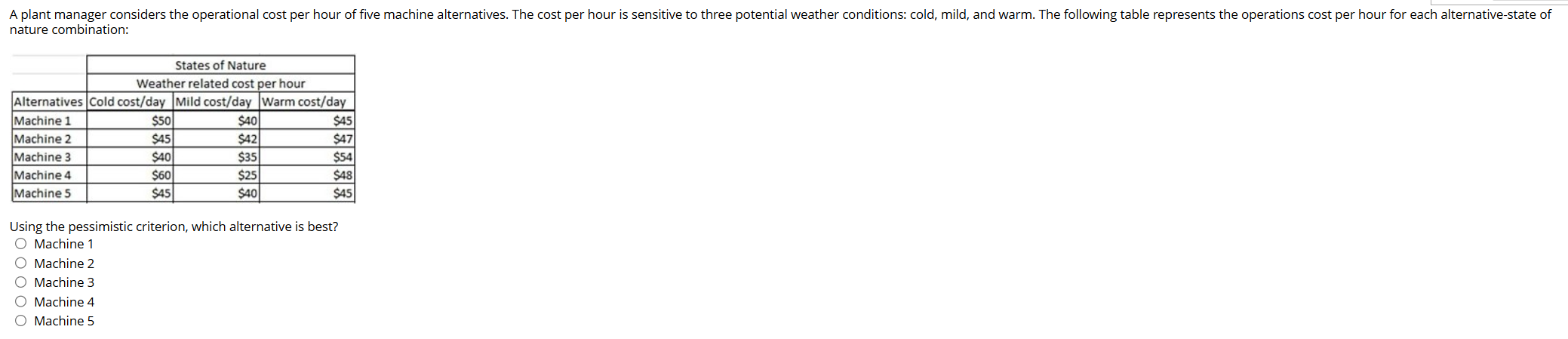 Solved nature combination:Using the pessimistic criterion, | Chegg.com