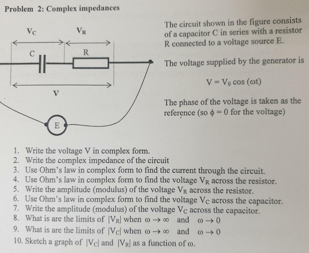 Solved Problem 2: Complex impedances Vc VR The circuit shown | Chegg.com