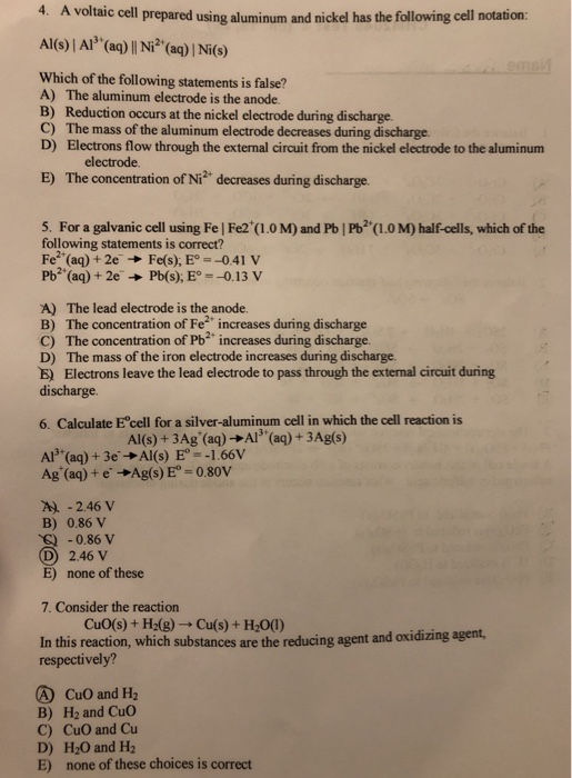 Solved 4. A voltaic cell prepared using aluminum and nickel | Chegg.com