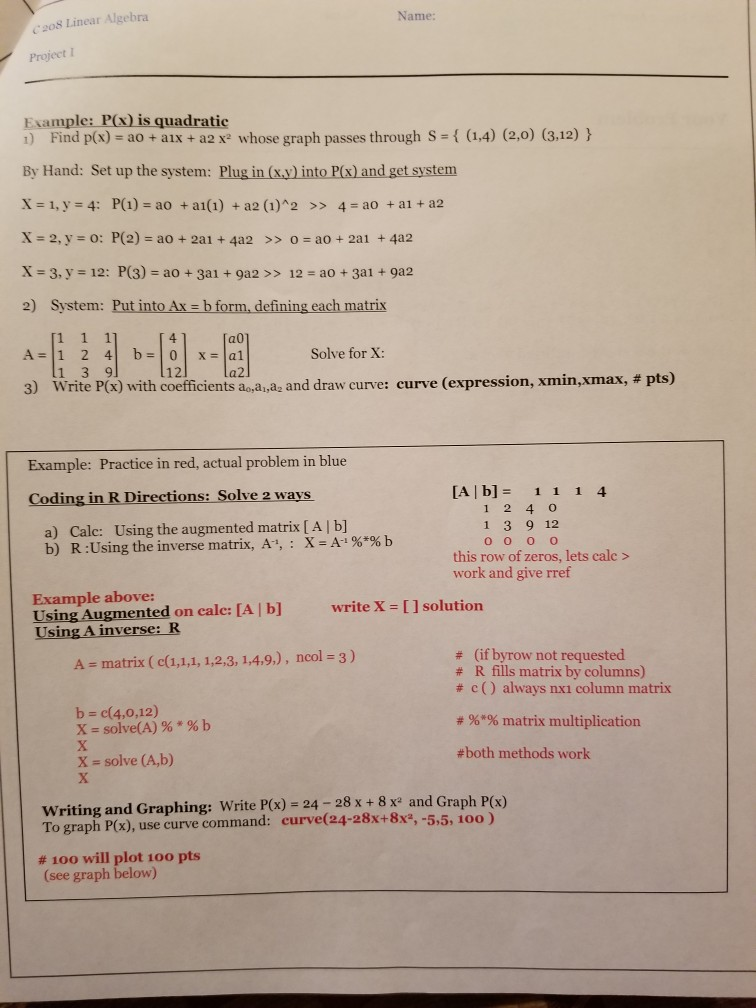 Solved Name: C 208 Linear Algebra Project I Part V: | Chegg.com
