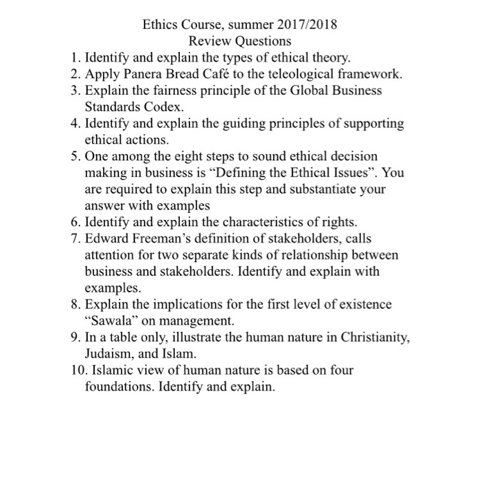 Solved Ethics Course, summer 2017/2018 Review Questions 1. | Chegg.com