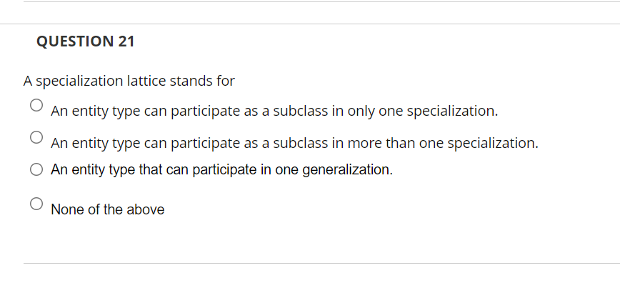 Solved QUESTION 21 A specialization lattice stands for An | Chegg.com