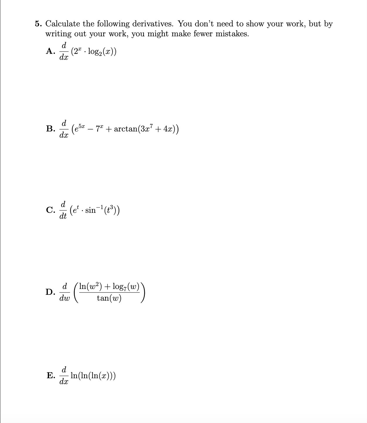 Solved 5. Calculate the following derivatives. You don't | Chegg.com