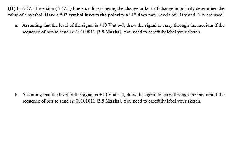 Solved Q1) In NRZ - Inversion (NRZ-I) line encoding scheme, | Chegg.com